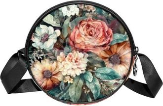 Generic Petit sac &agrave; bandouli&egrave;re circulaire pour femme, motif feuilles florales, sac &agrave; dos avec fermeture &eacute;clair, bretelles r&eacute;glables, sac &agrave; main rond d&eacute;contra