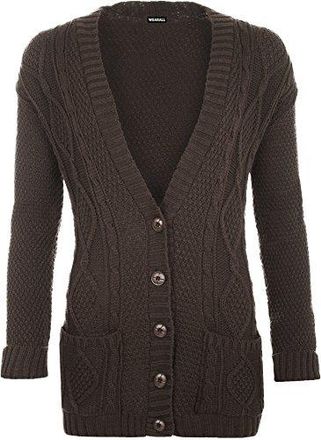 WearAll Cardigan à manches longues en tricot torsadé pour femme Tailles 36 à 42, marron foncé, 48/50/grande taille