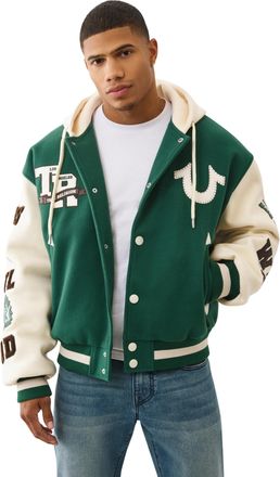 True Religion Herren Retro Wool Varsity Jacket - Klassische Letterman Bomber mit Logo Patches, Evergreen/Winter White, L