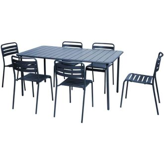Sweeek Table de jardin m&eacute;tal + 6 assises bleu marine Am&eacute;lia