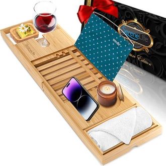 SereneLife Plateau Baignoire en Bambou avec Coffret Cadeau de Luxe et Ruban Rouge - Plateau Salle de Bain Extensible et Ajustable avec Support pour Livre - Planc