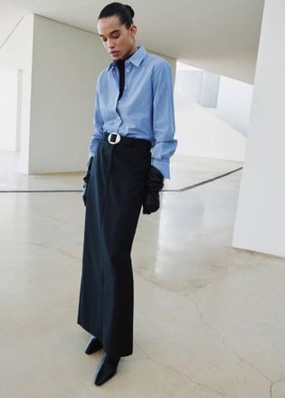 Mango Chemise droite m&eacute;lange coton et lyocell bleu ciel - Femme - XS - MANGO