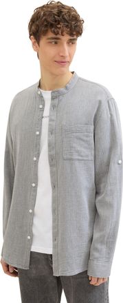 Tom Tailor Herren Slim Fit Hemd mit Stehkragen aus Baumwolle, black white squared structure, XXL