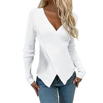 Generic Pull &agrave; manches longues et col en V pour femme - Couleur unie, blanc, XL