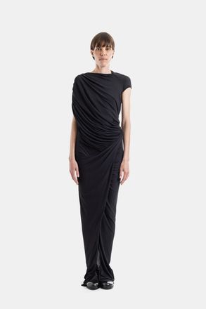 Rick Owens Womens Ares Long Dress Black Asymmetrical Diagonal Draped Stretch Jersey Beige