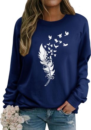 Dresswel Pullover Damen Feder Drucken Sweatshirt Langarmshirt Rundhals Langarm Shirts Herbst Winter Pulli Tops Oberteile Bluse(3-Blau, 2XL)