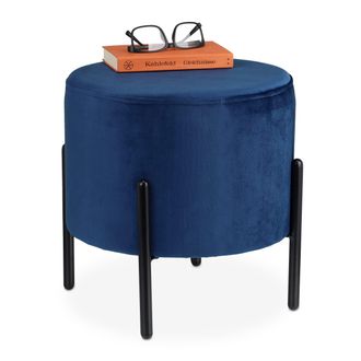 Relaxdays Samthocker, runder Sitzhocker, gepolstert, Schwarze Metallbeine, H x D: 38,5 x 40,5 cm, Hocker Samt, blau