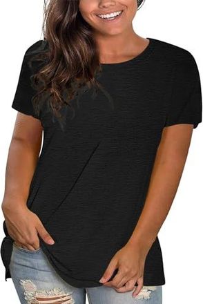 Generic Chemise unie à manches courtes pour femme - Coupe ample - Style décontracté - Couleur unie - Coton - Col rond - Manches courtes - Chemises amples - Vê