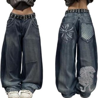 Generic Y2k Jeans Femmes Hommes Hip hop Goth Street Jeans avec imprim&eacute; Squelette Vintage Taille Haute Denim Pantalon Large Street Wear (Couleur-1,S)
