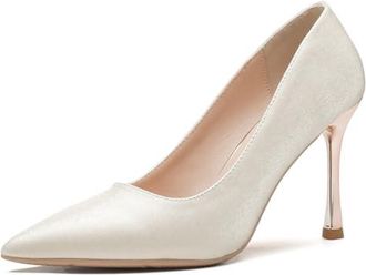 Generic Eestfy Escarpins de Cour &Eacute;l&eacute;gants Femme &agrave; Talon Aiguille Bout Pointu Nacr&eacute; Beige Brillant Talon Moyen &agrave; Enfiler Chaussures de Robe de Mariage et de So