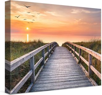 Picanova Bild auf Leinwand Holzweg zum Meer 40x30cm - Leinwandbild - Premium Leinwanddruck - Wandbild Kunstdruck Auf 2cm Holz-Keilrahmen Wohnzimmer Wanddekorat