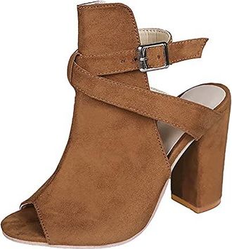 Generic Chaussures à talons élégantes pour femme - Noir - Escarpins à barrettes pour femme - Largeur H compensées - En daim - Sandales réglables - Talon bloc 