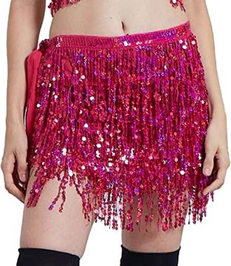 Generic Jupe &agrave; paillettes pour danse du ventre - &Eacute;charpe indienne boh&egrave;me &agrave; franges &agrave; paillettes pour femme - Mini jupe scintillante pour spectacle de costume,