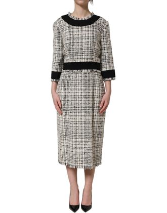 Dolce & Gabbana Womens Multicolor Boucl&eacute; Tweed Frayed Trim Midi Dress