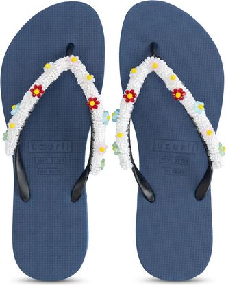 UZURII Slipper & Pantoletten - Zehentrenner Flowery White Aby - Gr. 37_38 - in Blau - f&uuml;r Damen