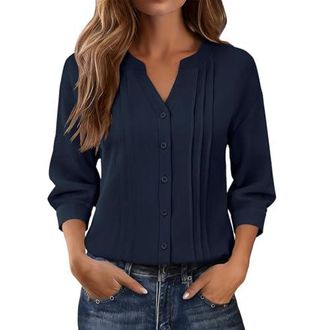 Generic Haut &agrave; manches longues pour femme - D&eacute;contract&eacute; - Col en V - Chemise pliss&eacute;e boutonn&eacute;e - Tenue dautomne quotidienne, bleu marine, XXL