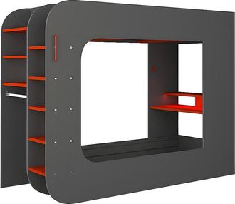 Vente-Unique Hochbett mit Gaming-Schreibtisch & Stauraum + LEDs - 90 x 200 cm - Anthrazit & Rot - Warrior