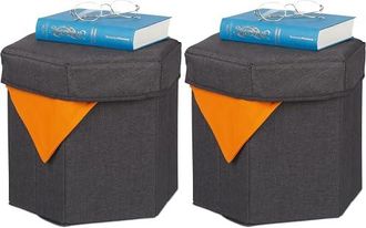 Relaxdays Sitzhocker mit Stauraum, faltbar, weich gepolstert, Wohnzimmer, Stoff, HBT 31x36x32 cm, Sitzw&uuml;rfel, dunkelgrau (Packung mit 2)