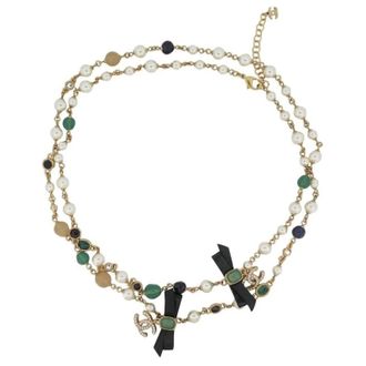 Chanel Halskette - NEUE CHANEL 2018 LANGKETTE PERLEN LEDERBOW CC LOGO - Gr. unisize - in Gold - f&uuml;r Damen