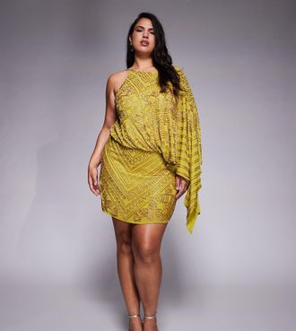 Asos Curve ASOS DESIGN Curve - Asymmetrisches Minikleid in Chartreusegelb mit durchgehender Verzierung und Cape-Detail-Gr&uuml;n