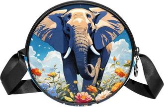 Generic Petit sac &agrave; bandouli&egrave;re rond pour femme, motif &eacute;l&eacute;phant, fleur d&eacute;l&eacute;phant avec fermeture &eacute;clair, bretelles r&eacute;glables, sac &agrave; main rond d&eacute;contract&eacute; pour 