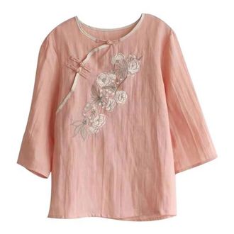 Generic Chemise en lin &agrave; manches 3/4 pour femme - Coton et lin - Motif floral brod&eacute; - Tunique d&eacute;t&eacute; d&eacute;contract&eacute;e pour la plage et les vacances, rose, 4XL
