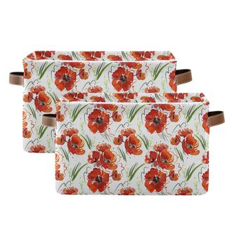 Alaza Aufbewahrungsboxen mit Ledergriff, 2 St&uuml;ck, rote Mohnblumen und gr&uuml;nes Gras, wasserdicht, faltbar, f&uuml;r Badezimmer, Spielzeug, Kleidung, Aufbewahrungsk