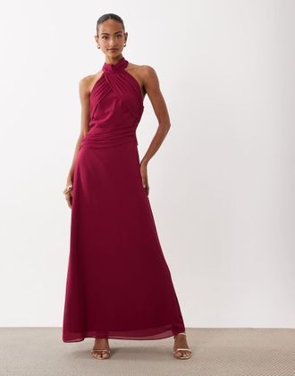 Tfnc Robe longue de demoiselle dhonneur en mousseline avec encolure am&eacute;ricaine drap&eacute;e - Framboise-Rose