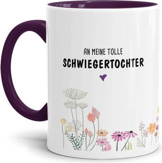Tassendruck Tasse mit Spruch Blumen - an Schwiegertochter von Schwiegervater- Leben/Liebe/Geschenk/Familie/ - Innen & Henkel Violett