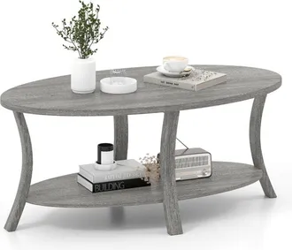 Costway Costway - Table basse ovale 2 niveaux en bois dh&eacute;v&eacute;a - &Eacute;tag&egrave;re de rangement ouverte - Charge jusqu&agrave; 160 kg - Dimensions 111x60,5x47 cm