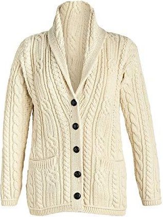 Aran Woollen Mills Pull Cardigan Irlandais en Tricot Torsad&eacute; en Laine M&eacute;rinos (Blanc, M)