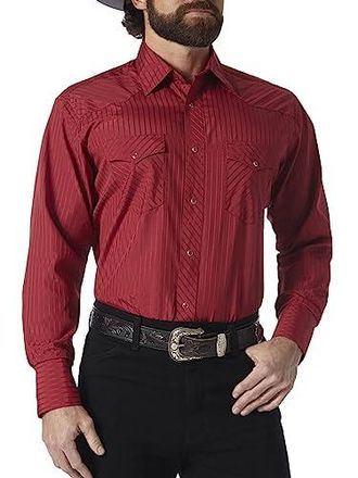 Wrangler Mens Tall Sport Western Snap Shirt Dobby Stripe, Wine, Large Tall