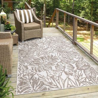 Carpet City Outdoor-Teppich Wetterfest Balkon Terrassen - Beige in 150x150 cm Quadratisch- Deko Teppiche Außen Wasserfest - Balkondekoration Floral Wohnzimmertepp