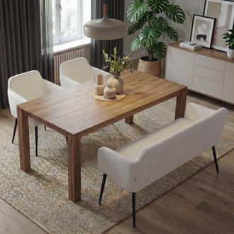 Mendler Esszimmer-Set HWC-L13, 2er-Set Stuhl+Sitzbank Esszimmergruppe Sitzgruppe Esszimmergarnitur, Stoff/Textil - Creme-wei&szlig;