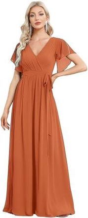 Ever-pretty Robe pour Mariage Invit&eacute; Longue Femme Col V Mousseline A Line Manches Courtes Pliss&eacute; Chic Melon au Brandy 48