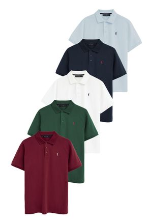 Polo Club F&uuml;nferpack kurz&auml;rmliger Herren-Poloshirts hellblau, marineblau, wei&szlig;, flaschengr&uuml;n und granatrot mit gesticktem Rigby Go Logo