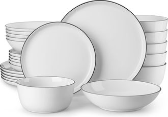 Malacasa Geschirrset 6 Personen, 24-teiliges Porzellan Tafelservice in Weiß mit schwarzem Rand, Geschirr set aus 6x Dinnerteller, 6x Dessertteller, 6x Müslisch