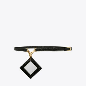 Tory Burch Damen Gürtel mit Krokoprägung und verspiegelten Details in Schwarz/Gold