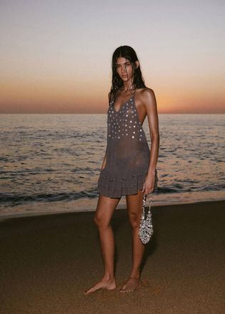 Mango Robe volant col en V gris chin&eacute; moyen - Femme - S - MANGO