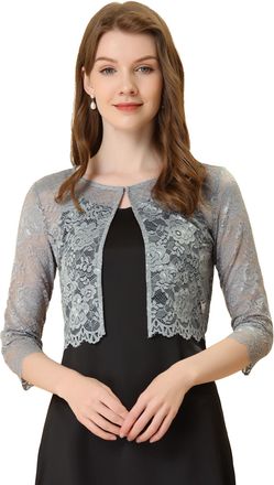 Allegra K Damen Brautjacke Spitzen Bolero Festlich Kurz 3/4 &Auml;rmel Durchsichtig Blumen Spitze Shrug Crop Cardigan Boleros Grau XS