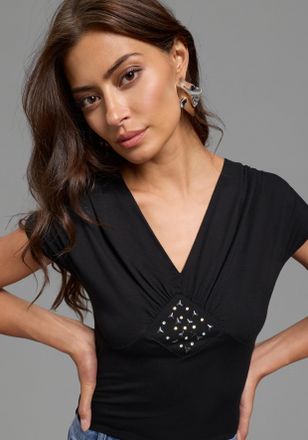 Melrose T-Shirt MELROSE, Damen, Gr. 40, schwarz, Jersey, Obermaterial: 95% Viskose, 5% Elasthan, unifarben, sehr figurbetont h&uuml;ftlang, tiefer V-Ausschnitt, an