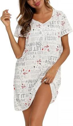 Mia Lucce Chemise de Nuit Femme Manches Courtes Nuisette Femme Coton Robe de Nuit Col Rond de Nuit Imprimée S-XXXL