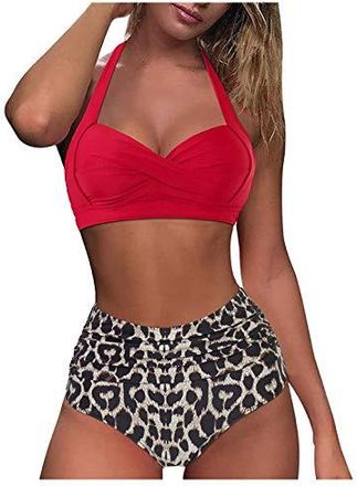 Generic Bikini Femme Deux Pieces Amincissant Bikini Retro Taille Imprimer pièce roulée Ensemble Haut Deux Swimwears Tankinis Ensemble (Red, M)