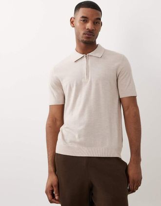 Selected Polo en laine &agrave; col zipp&eacute; - Beige-Gris