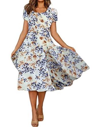 Onsoyours Robe d&eacute;t&eacute; pour Femme &eacute;l&eacute;gante au Genou Robe &eacute;vas&eacute;e D&eacute;contract&eacute;e Robe de Soir&eacute;e A-Ligne Robe Florale Robe D&eacute;contract&eacute;e B Bleu XXL