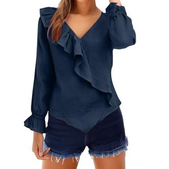 Generic Haut en lin pour femme - Haut &agrave; manches longues en coton - Coupe ample - T-shirt l&eacute;ger &agrave; manches lanternes - Couleur unie - Bordure asym&eacute;trique - Haut