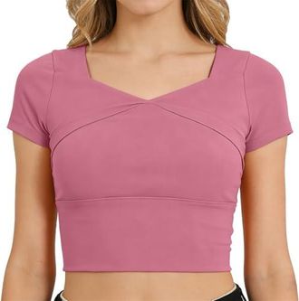 Generic Haut court avec col carr&eacute;, manches courtes : v&ecirc;tements de tous les jours moulants &agrave; enfiler et &agrave; enfiler V&ecirc;tements de sport, Rose, S