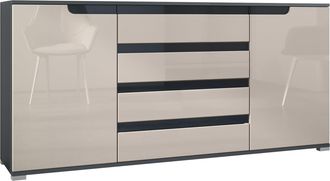 Vladon Sideboard Sylt V2, Kommode mit 2 Türen und 4 Schubladen, Korpus - Anthrazit matt/Front - Sandgrau Hochglanz/Absetzung - Schwarz Hochglanz (166,5 x 75,