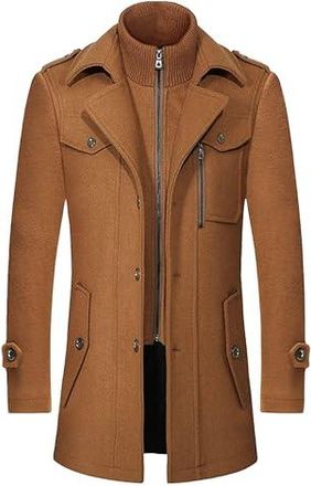 Generic Manteau long en laine m&eacute;lang&eacute;e pour homme, coupe ajust&eacute;e, revers crant&eacute; simple boutonnage, trench dhiver, kaki, 5XL