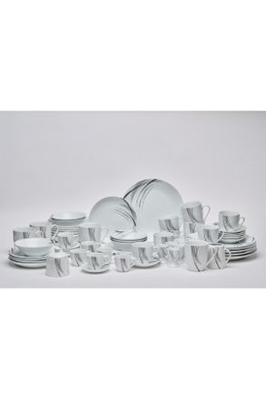 Novel Kombiservice Roma, Grau, Schwarz, Wei&szlig;, Keramik, 62-teilig, Streifen, 190 ml,190 ml,220 ml,270 ml,90 ml,420 ml,430 ml, Lfgb, lebensmittelecht, Essen &